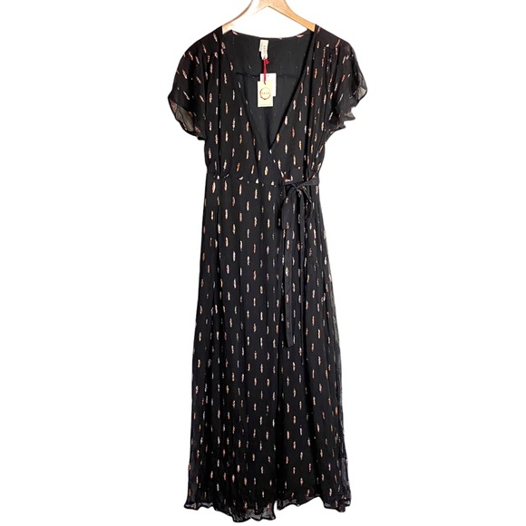 RAGA | Dresses | Raga Starlit Night Black Gold Metallic Dots Short Flutter Sleeve Wrap Maxi ...